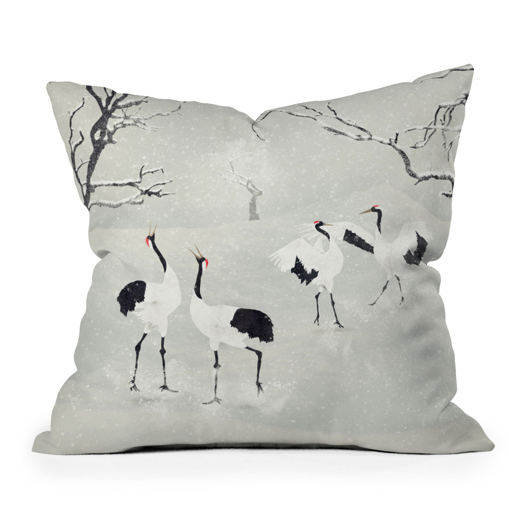 Winter Love Dance Of Japanese Cranes Throw Pillow Belle13