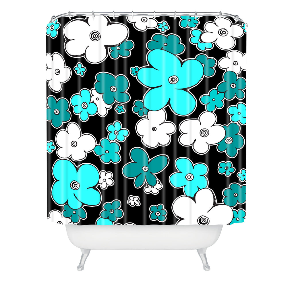 Puffy Flower Turquoise Black Shower Curtain Madart Inc